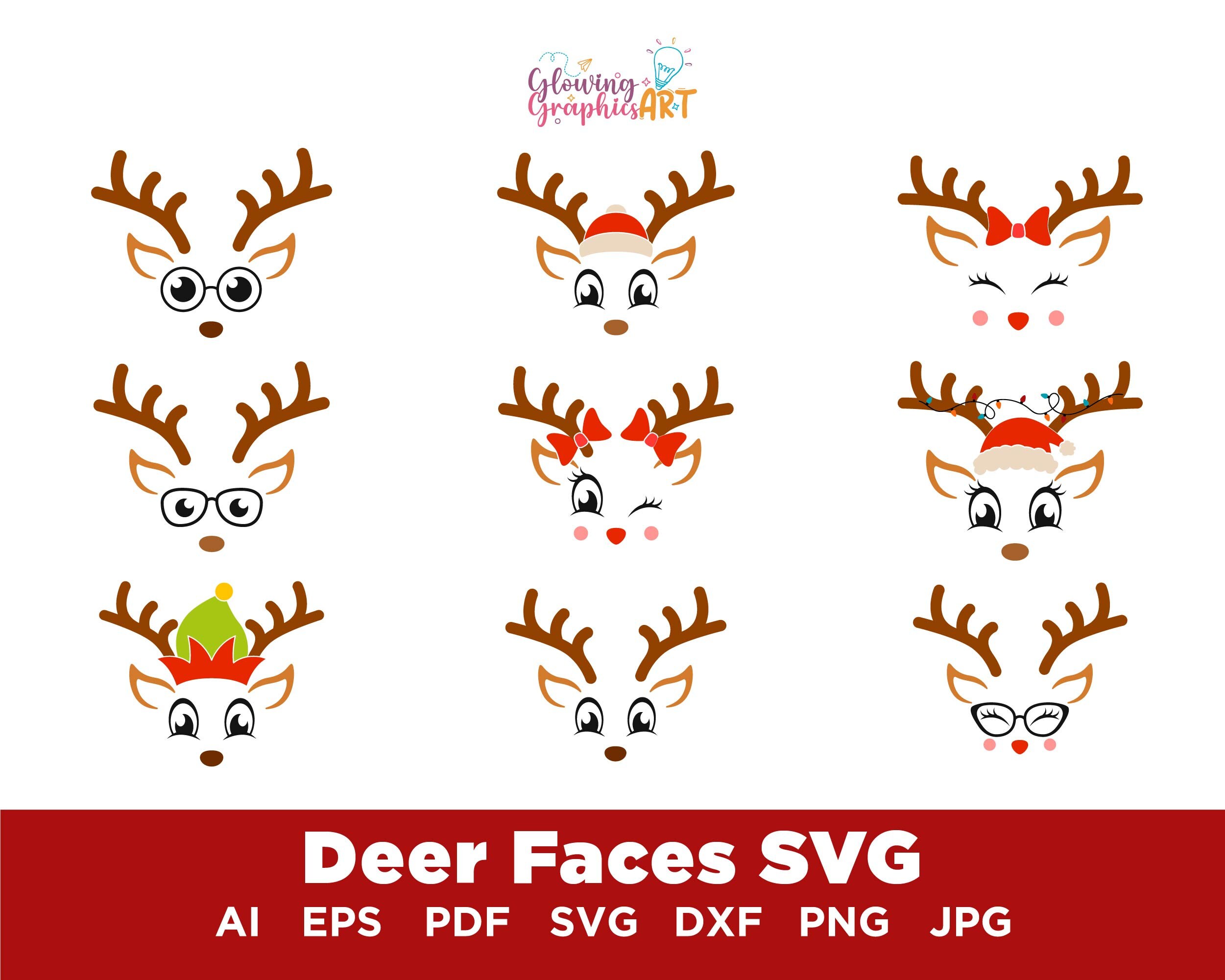Christmas Reindeer Faces SVG PNG Bundle, Girl Reindeer SVG, Boy ...