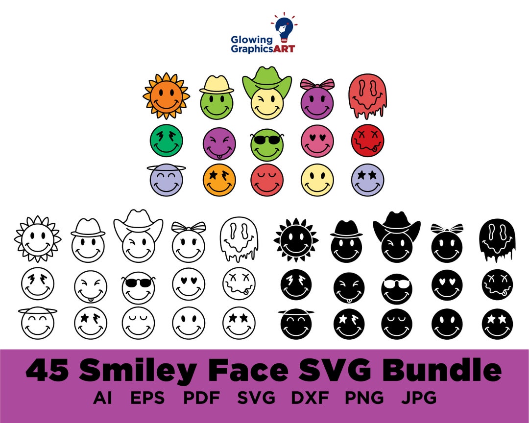 45 Smiley Face Bundle Svg, Drippy Smiley Svg, Melting Smiley Svg, Happy ...