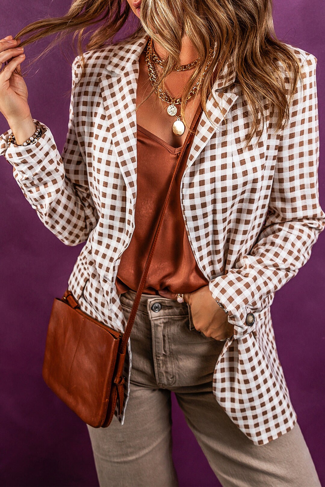 Chestnut Check Print Single Button Lapel Collar Blazer - Etsy