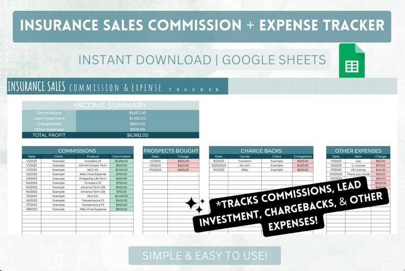 Insurance Agent Sales Commission Tracker Google Sheets Track Expenses ...