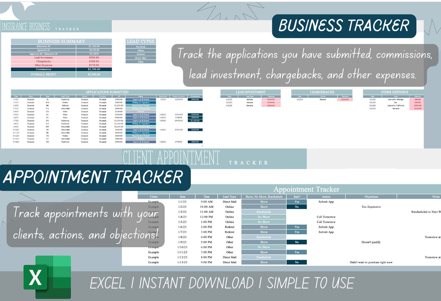 Insurance Agent Business and Appointment Tracker Excel, Commission ...