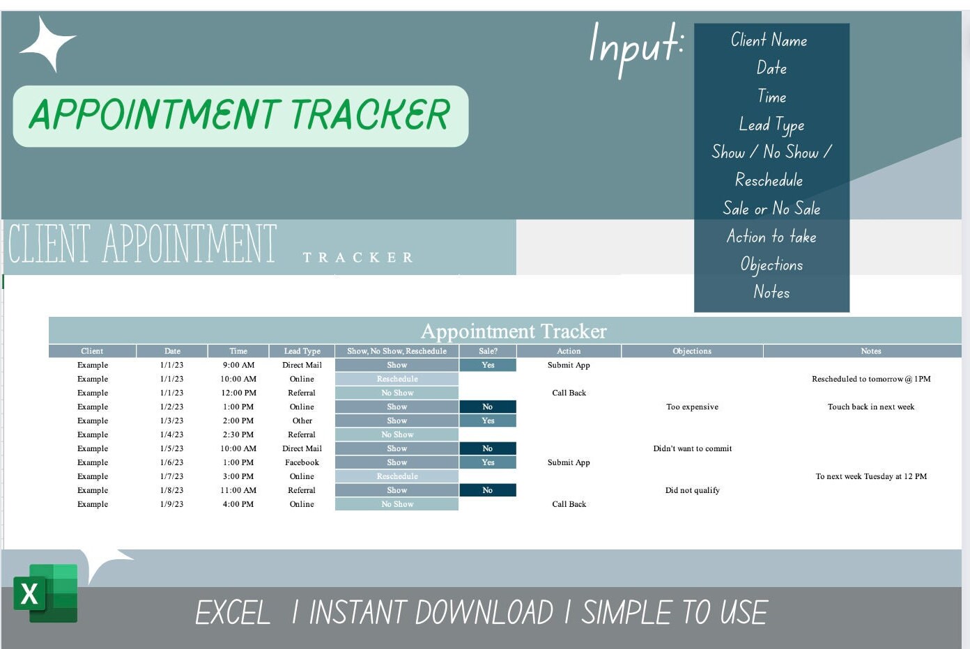 Sales Application Tracker and Appointment Tracker Spreadsheet Excel for ...