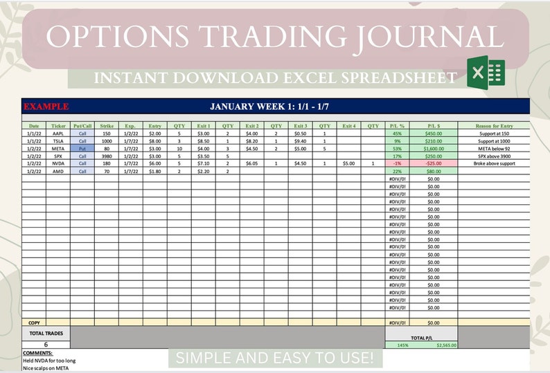 Options Trading Journal: Excel Spreadsheet Tracker (digital Download ...