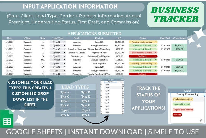 Insurance Sales and Expense Tracker Google Sheets - Track Commissions ...
