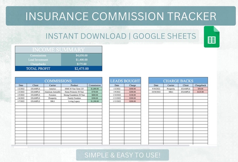 Sales Tracker for Insurance Agents Track Commission and Expenses Track ...