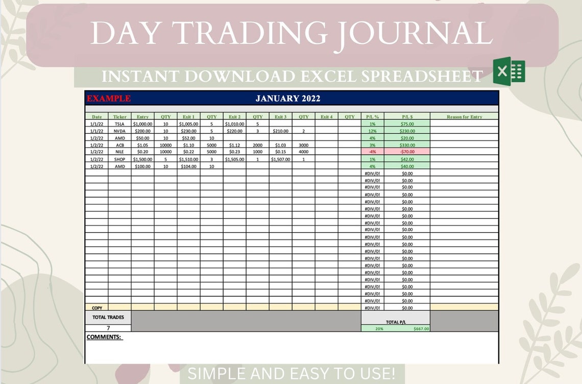 Trade Journal Trade Tracker Investment Spreadsheet Excel for Day ...