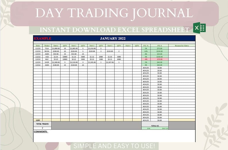 Trade Journal Trade Tracker Investment Spreadsheet Excel for Day Traders - Etsy