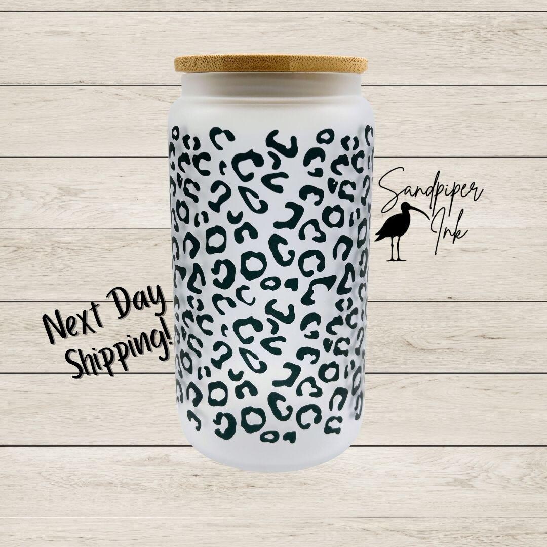 Cheetah Frosted Glass Can - 16oz or 20oz - Bamboo Lid With Clear ...