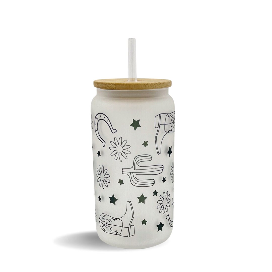 Cowboy Outlines Frosted Glass Can 16oz or 20oz Bamboo Lid - Etsy