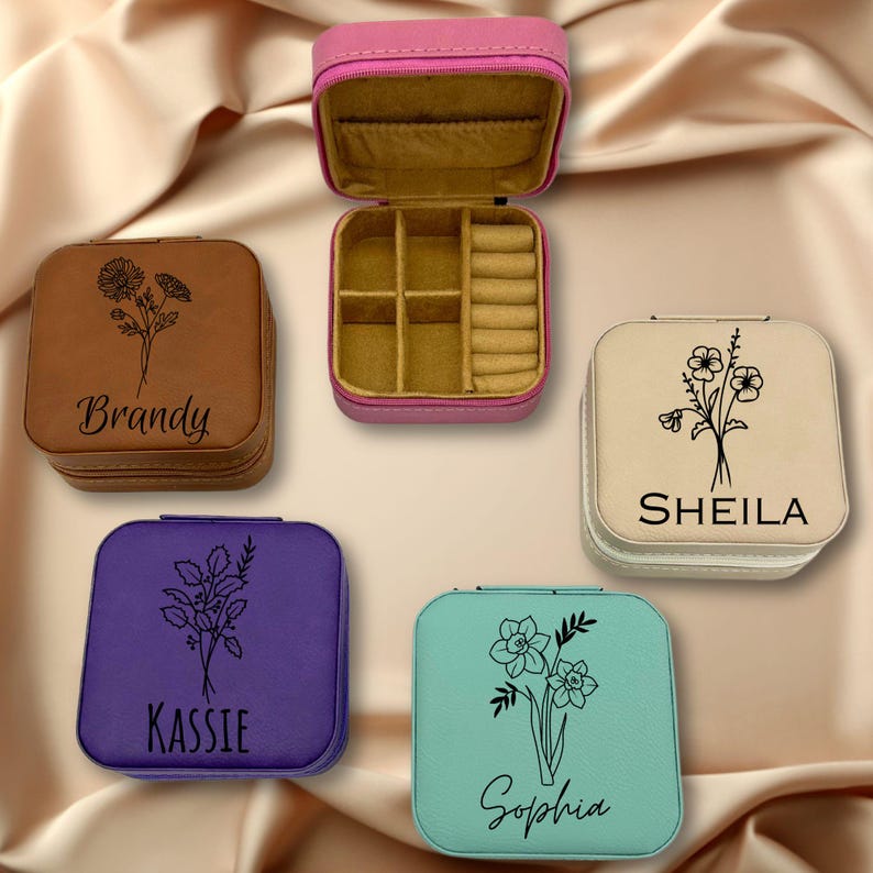 Personalized Birth Flower Jewelry Box: Engraved Keepsake, PU Leather ...
