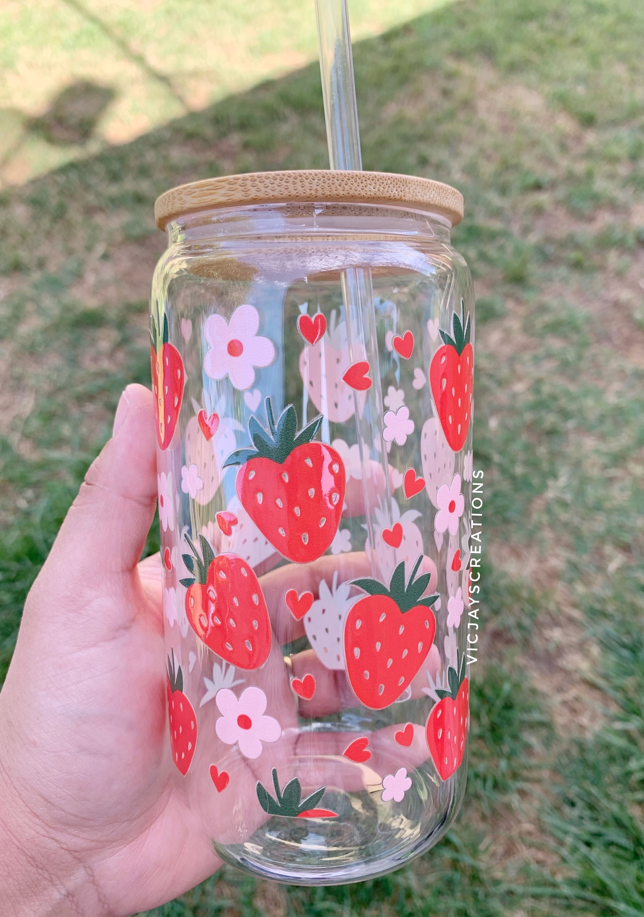 Strawberries Cup Coffee Cup Pink Pretty Cup Clear Glass - Etsy