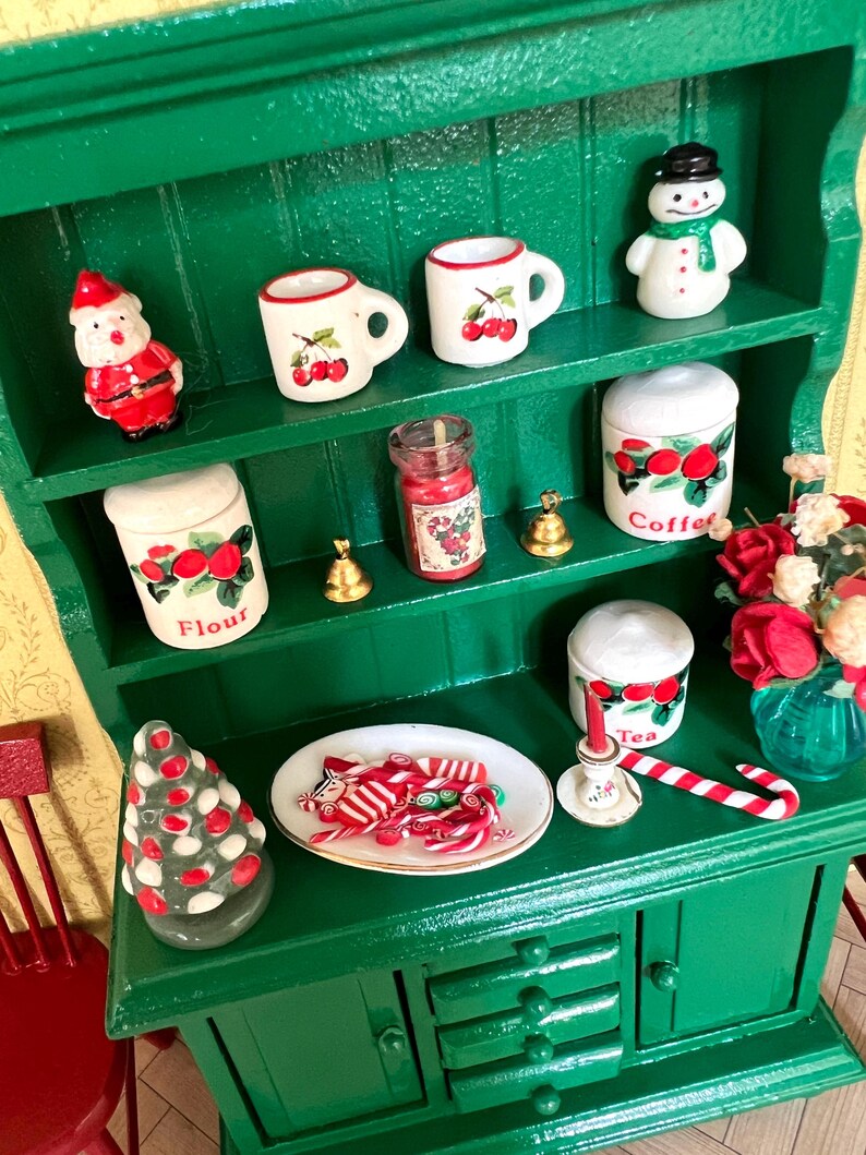 Dollhouse Miniature Christmas Hutch Holiday Cabinet With Two Red Chairs ...