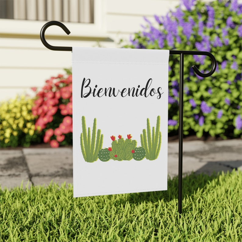 Bienvenidos Spanish Welcome Sign, Welcome Flag, Cactus Garden Flag ...