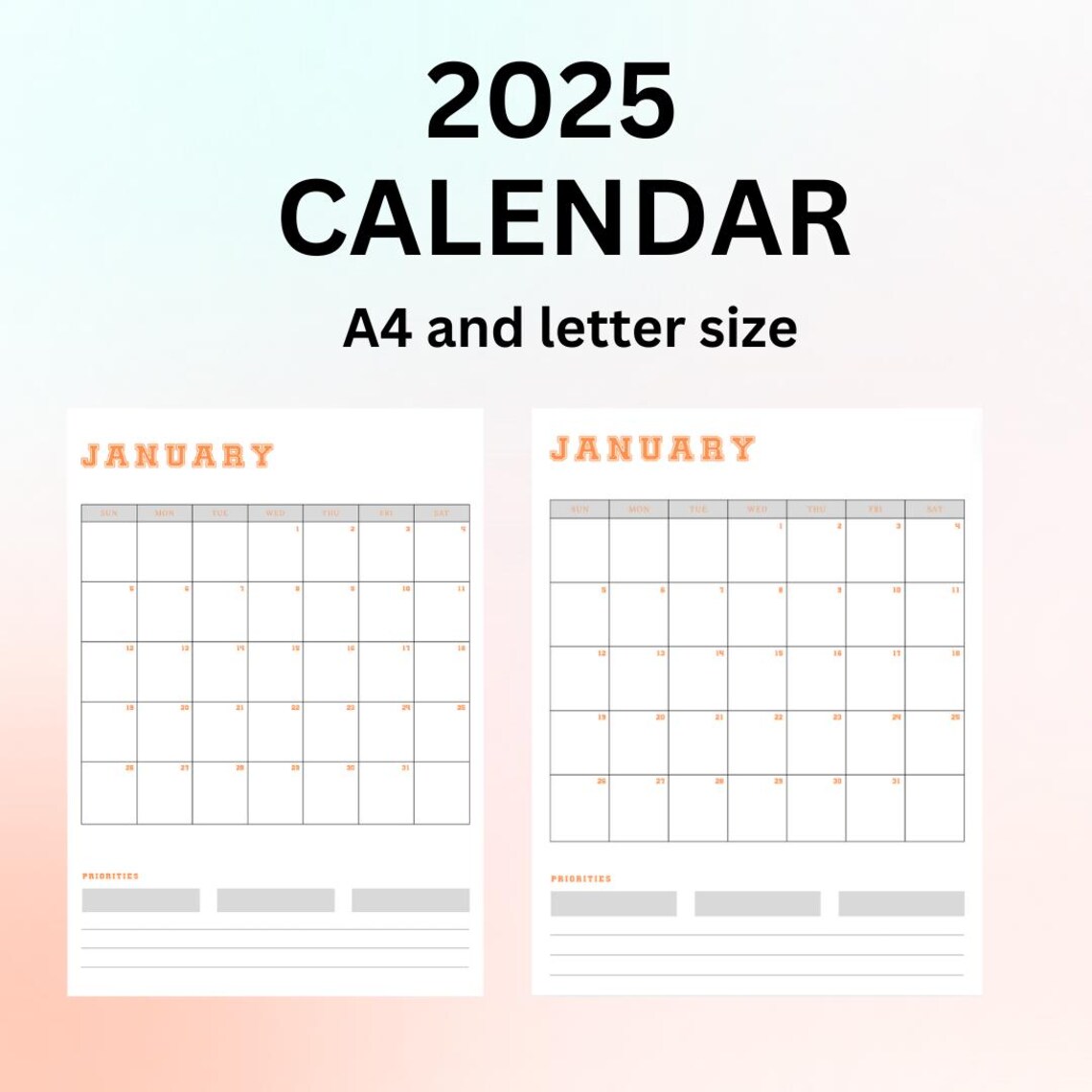 Printable Monthly 2025 Calendar, Orange Color, Planner, Digital ...