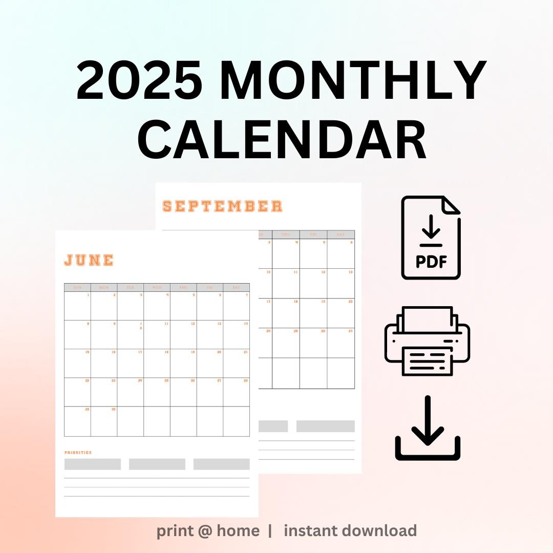 Printable Monthly 2025 Calendar, Orange Color, Planner, Digital ...