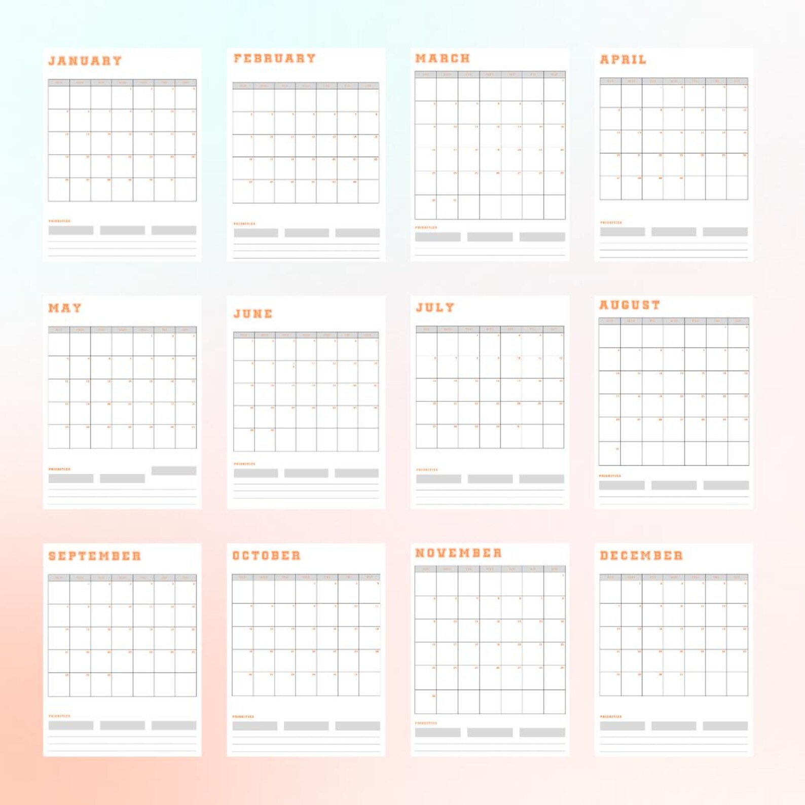 Printable Monthly 2025 Calendar, Orange Color, Planner, Digital ...