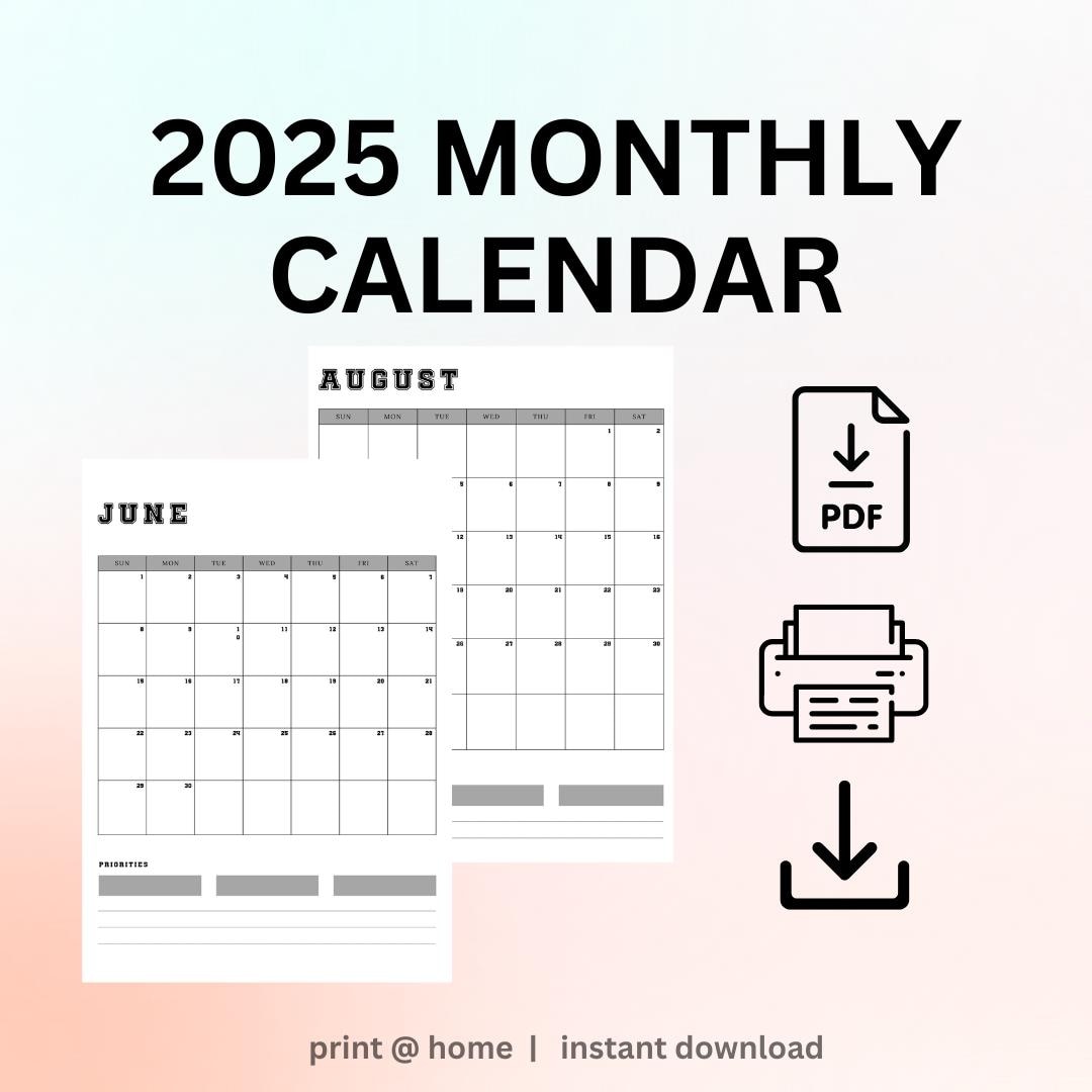 Printable Monthly 2025 Calendar, Black Color, Planner, Digital ...