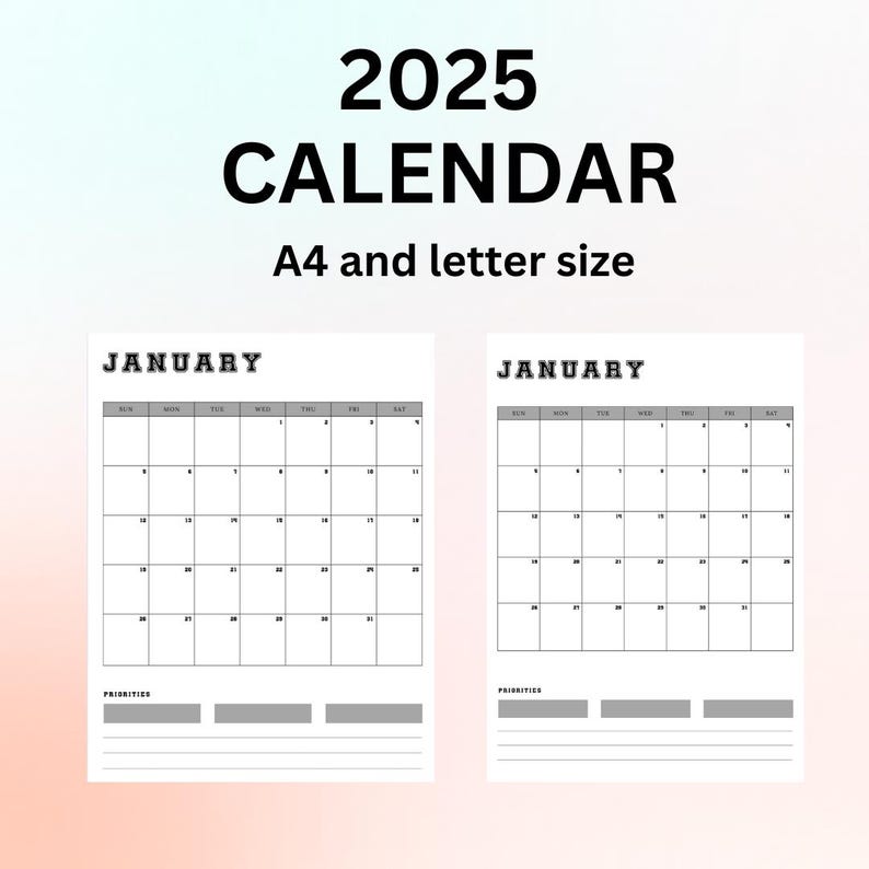 Printable Monthly 2025 Calendar, Black Color, Planner, Digital ...