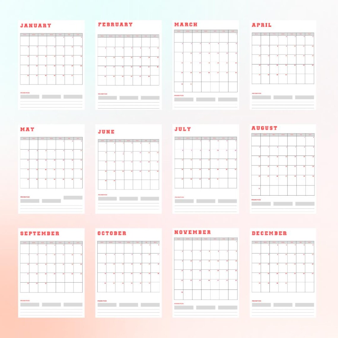Printable Monthly 2025 Calendar, Red Color, Planner, Digital ...