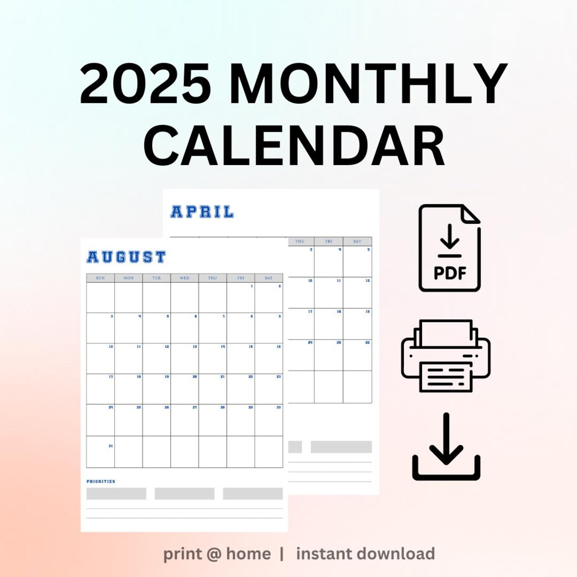 Printable Monthly 2025 Calendar, Blue Color, Planner, Digital ...