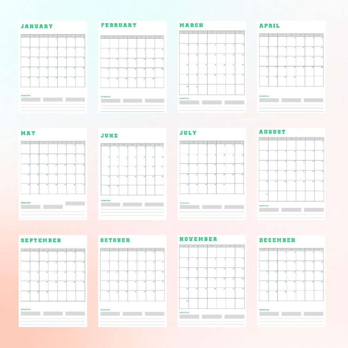 Printable Monthly 2025 Calendar, Green Color, Planner, Digital ...