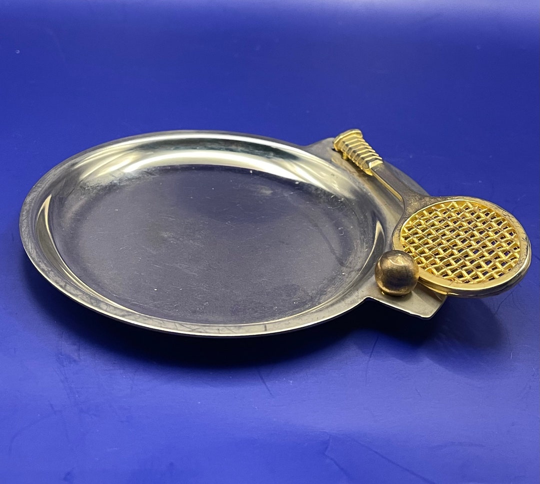 Vintage Brass Coin Tray, Silver Metal Coin Dish ~ Tennis Racket Figure ...
