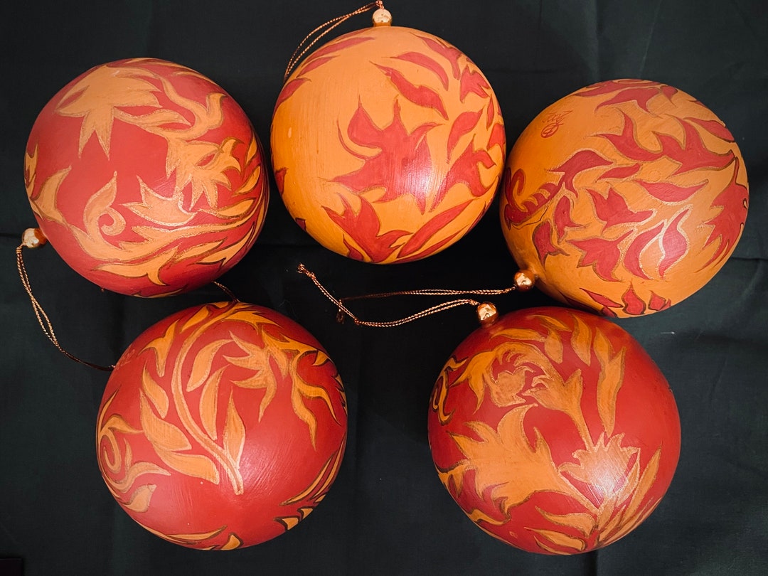 Set of 5 Hand Painted Wood Ball Ornaments Red and Gold - Etsy