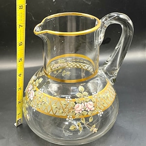 Vintage Hand Painted Glass Pitcher ~ Gold Trim and Flowers - Etsy