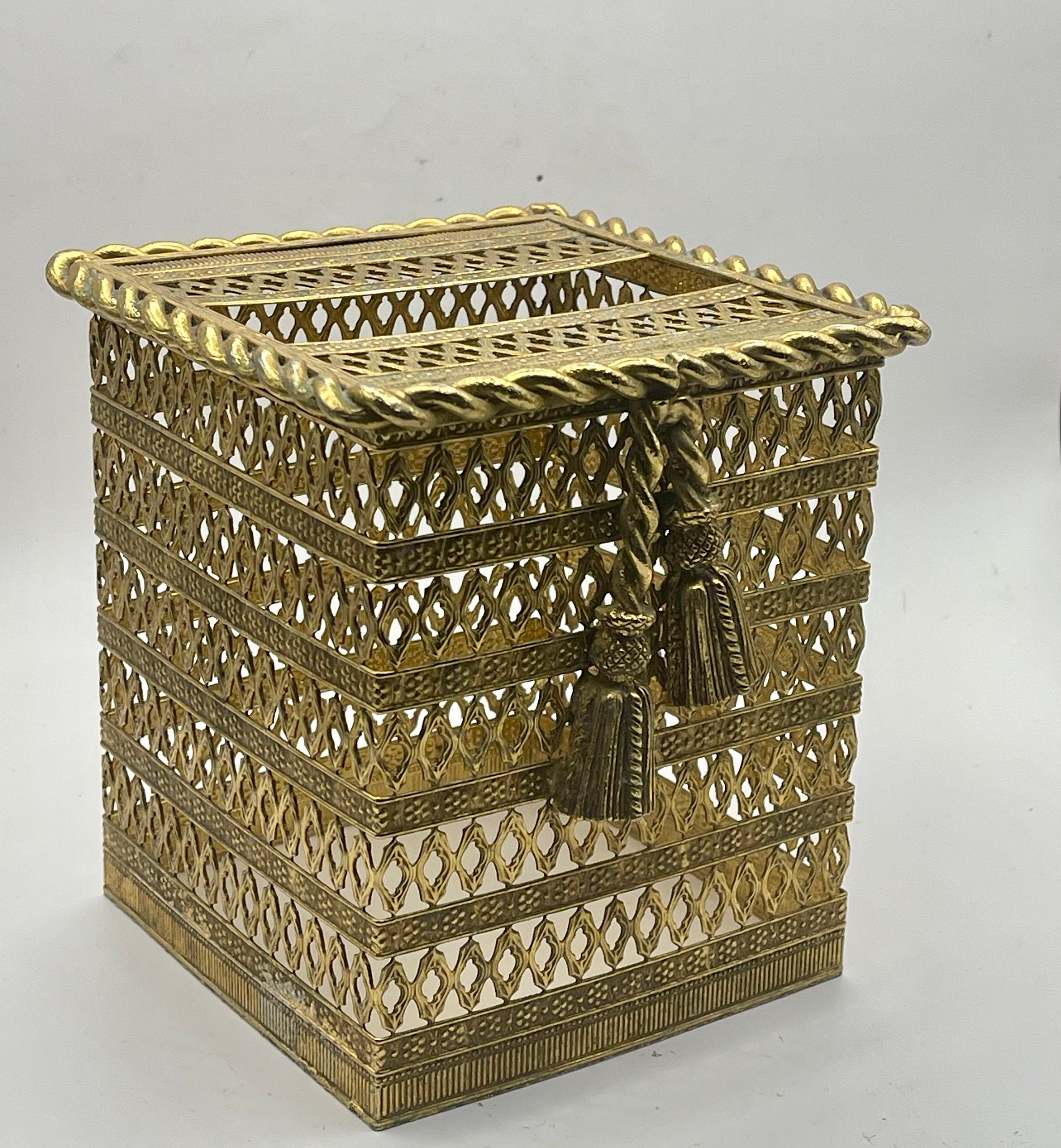 Gold Gilt Metal Filigree Tissue Box Cover ~ Vintage Ornate Hollywood ...