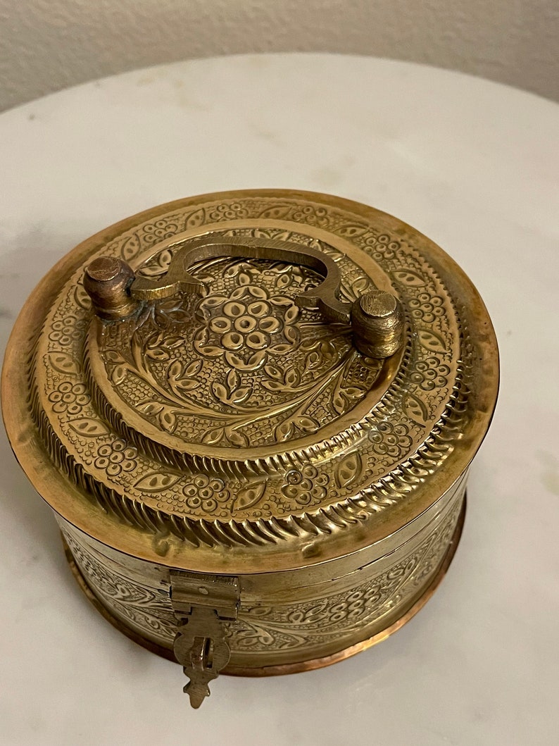Hand Forged Engraved Solid Brass Jewelry Box With Handle & Clasp 5 - Etsy