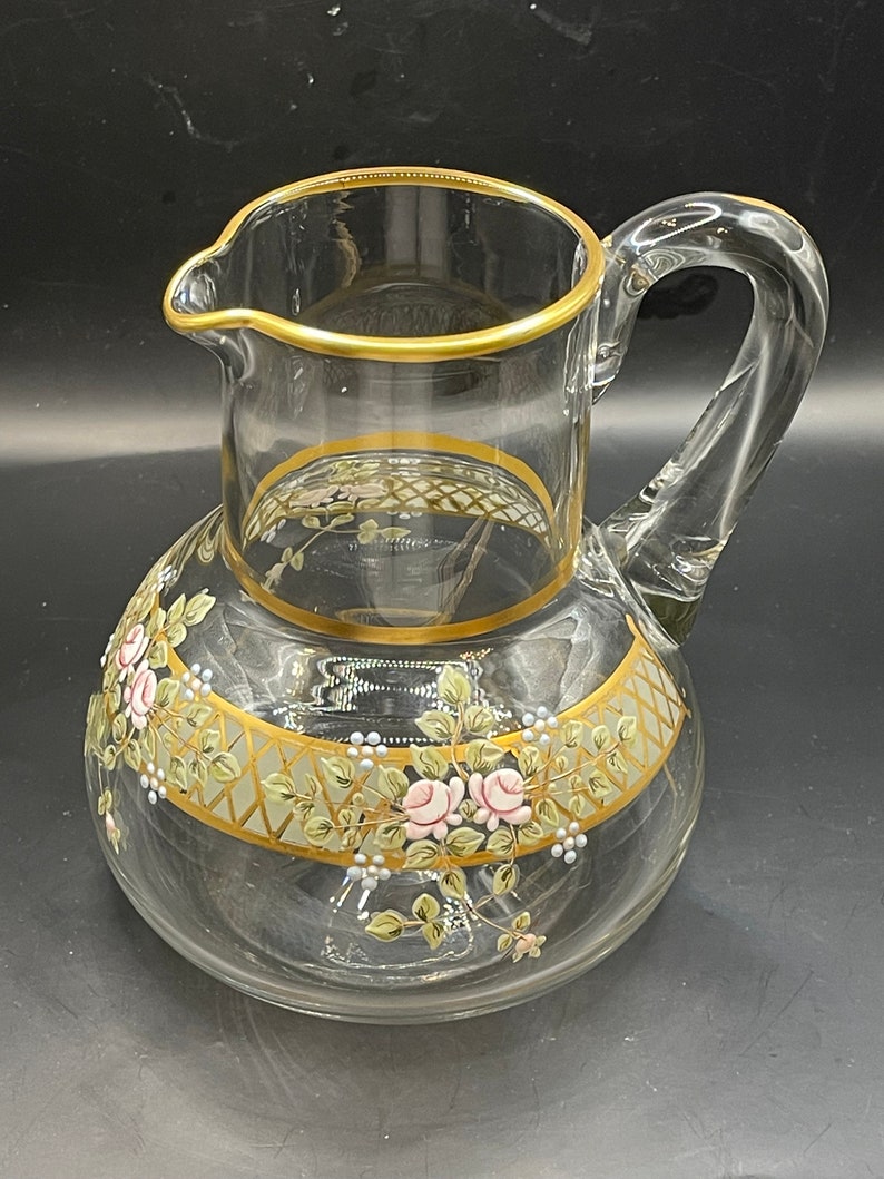 Vintage Hand Painted Glass Pitcher ~ Gold Trim and Flowers - Etsy