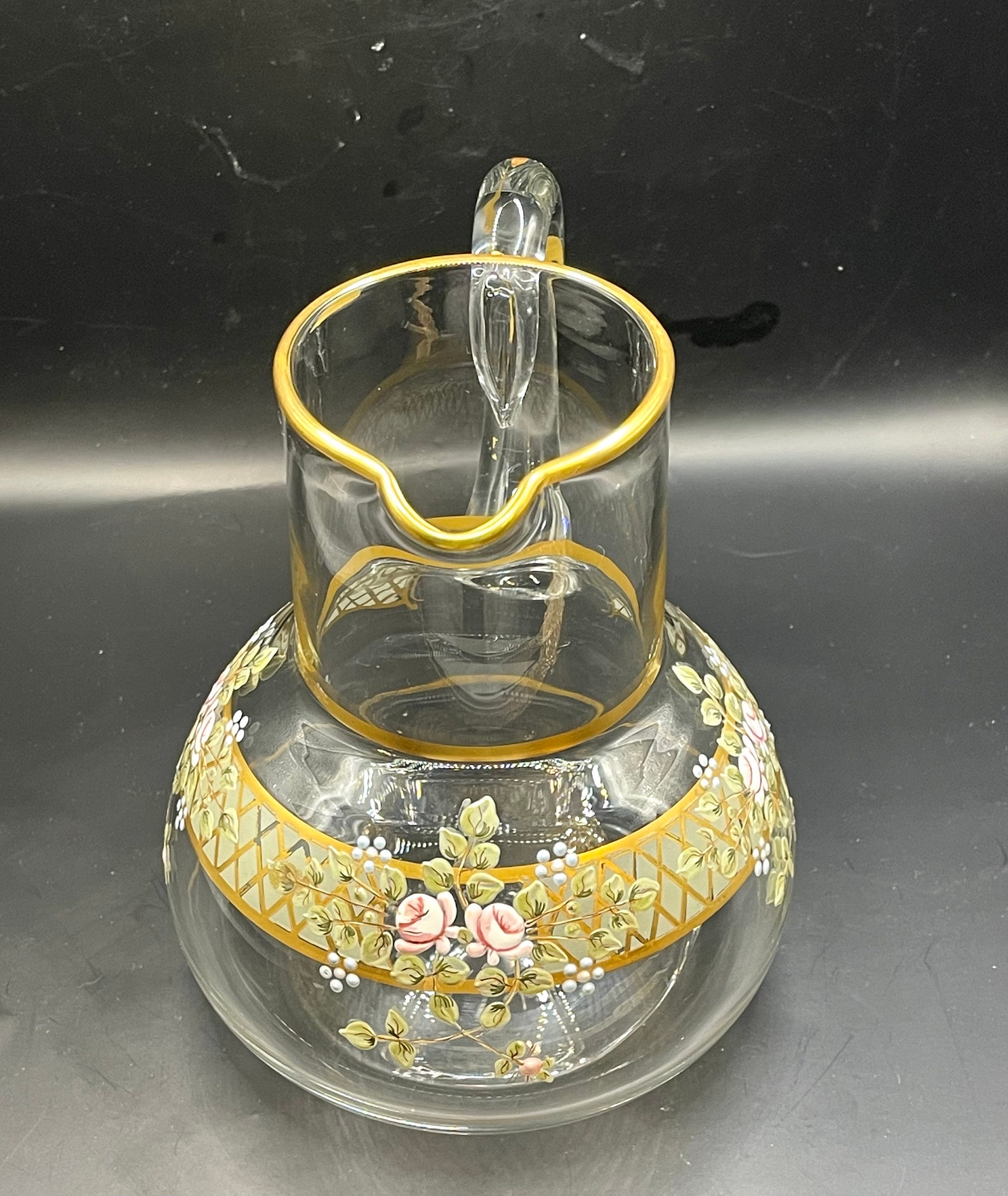 Vintage Hand Painted Glass Pitcher ~ Gold Trim and Flowers - Etsy