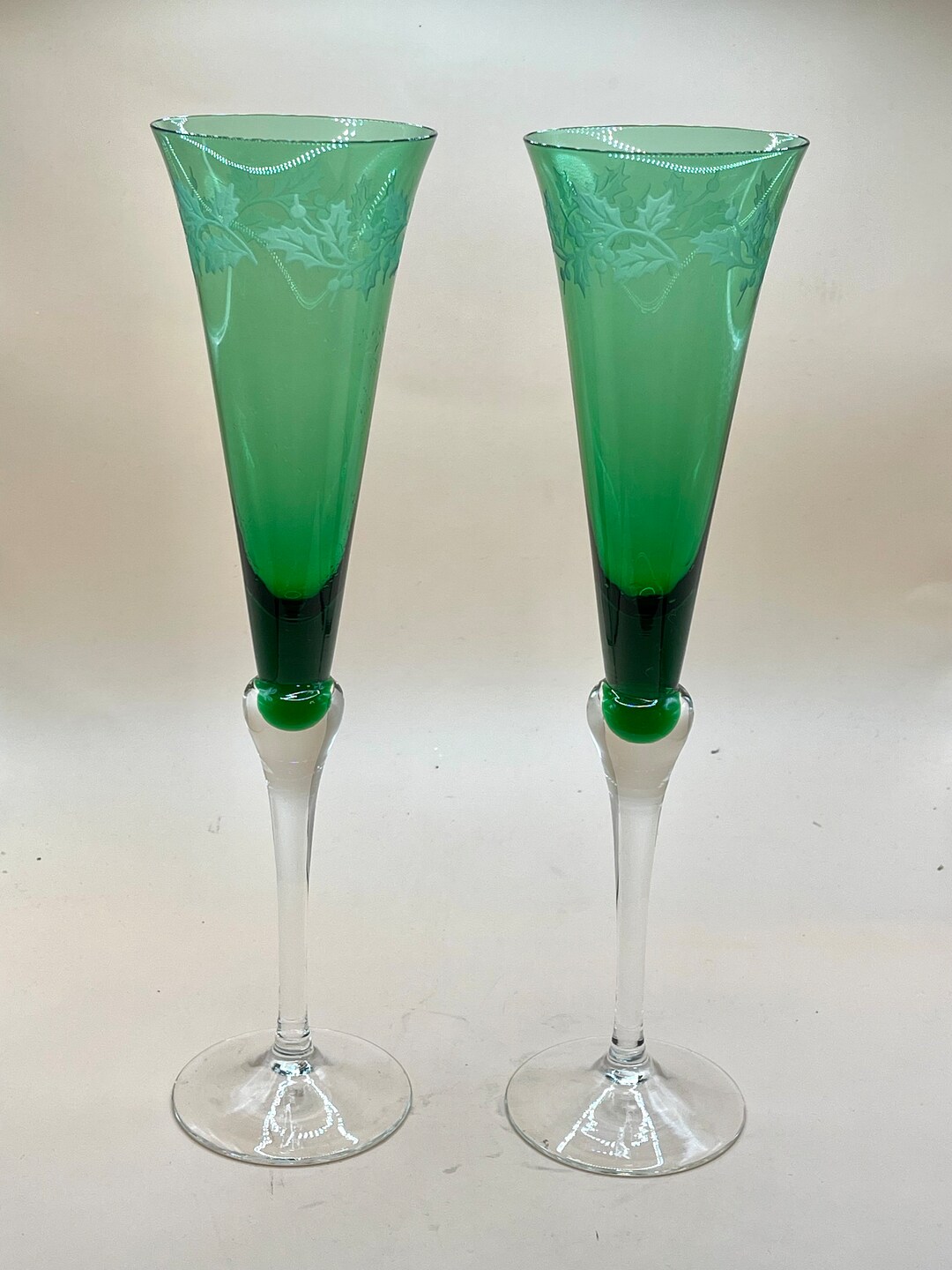 Vintage Lenox Fluted Mistletoe Champagne Glasses Green 1998 Toasting ...