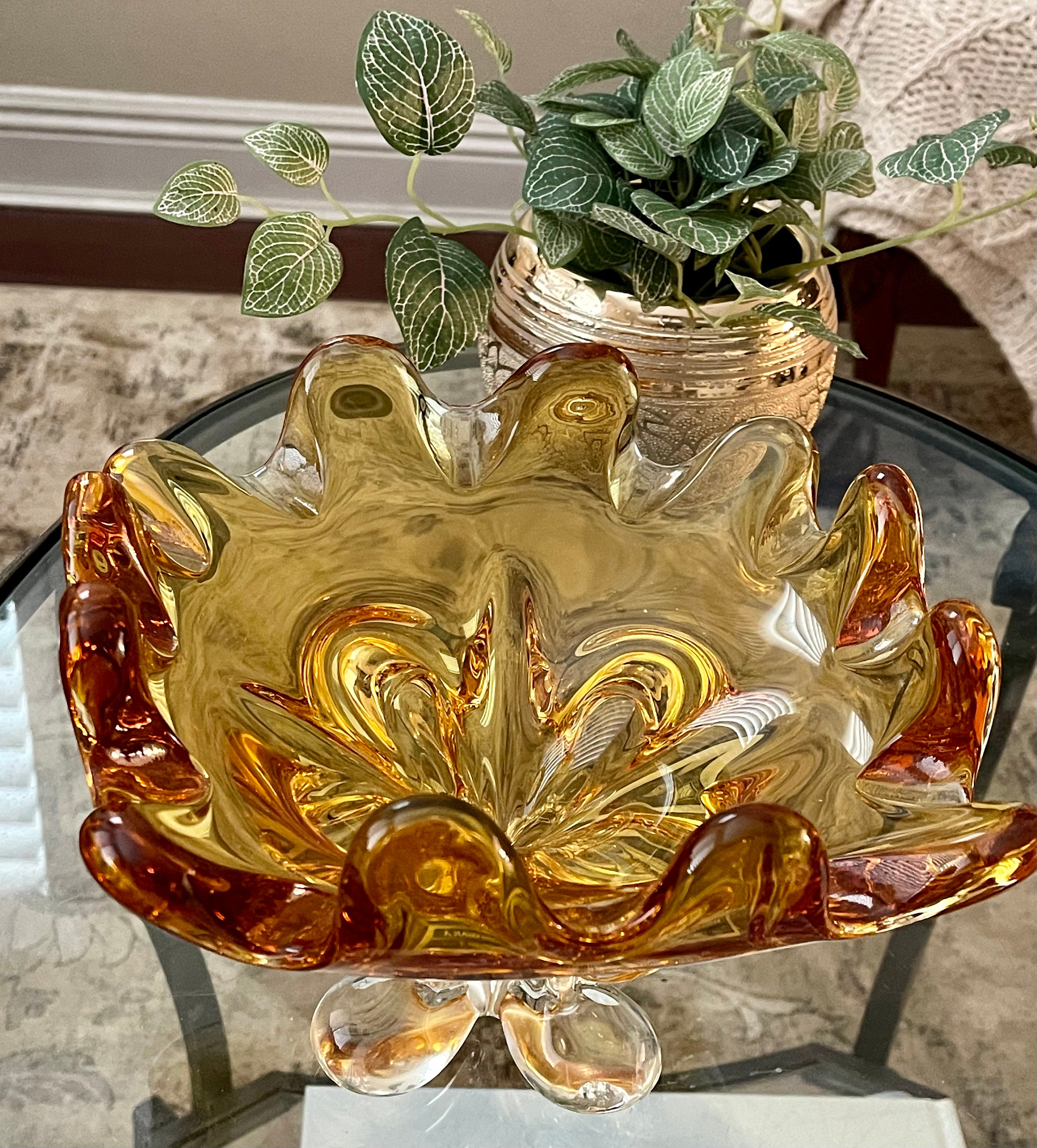 Vintage Amber Art Glass Bowl Stunning Wave/ruffle Pattern - Etsy