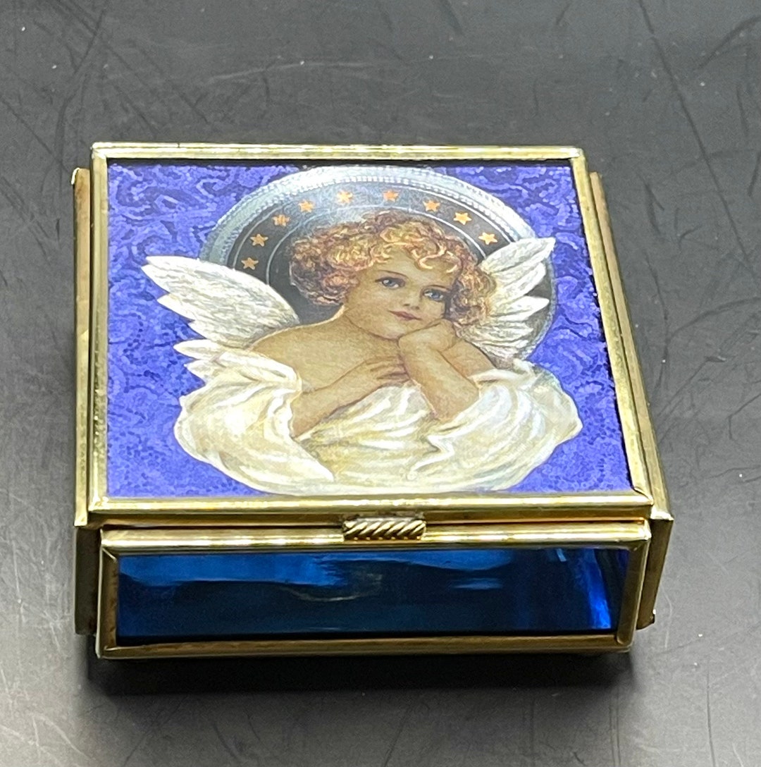 Enesco Cobalt Blue Glass and Brass Angel Trinket Box Vintage 1993 - Etsy