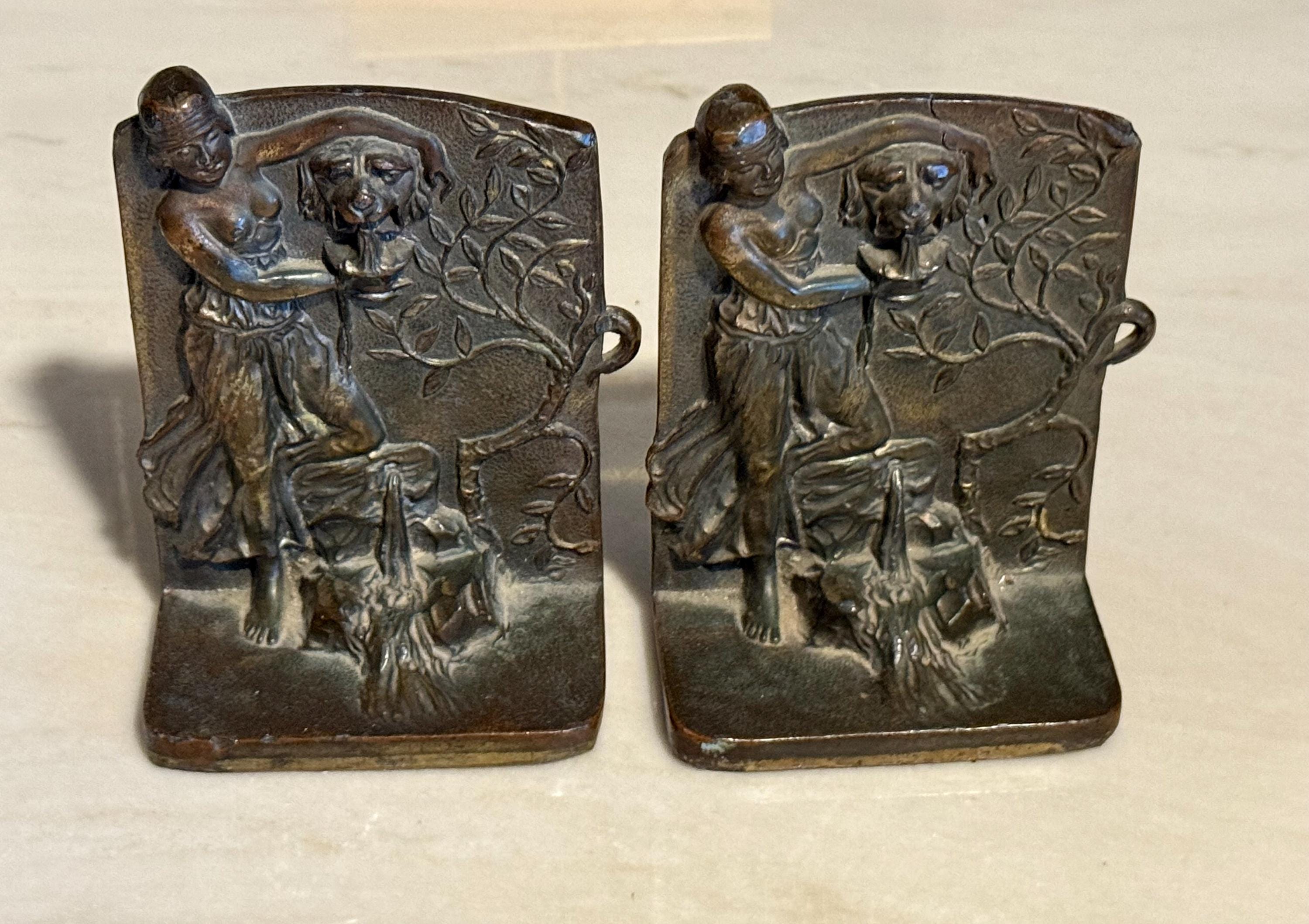 Heavy Bronze Art Nouveau Woman Drawing Water at the Fountain Bookends ...