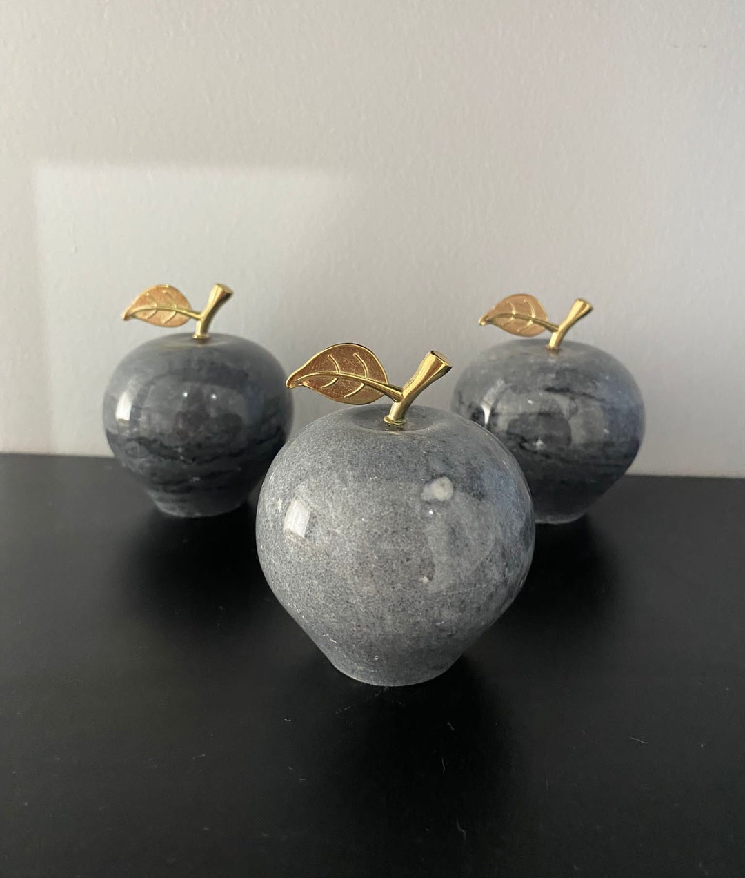 Apples Sculpture Set Made by Dark Grey Marble Natural Stone Statue 3 ...