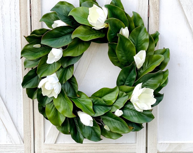Magnolia Leaves and Blooms Wreath for Front Door, Spring Greenery ...