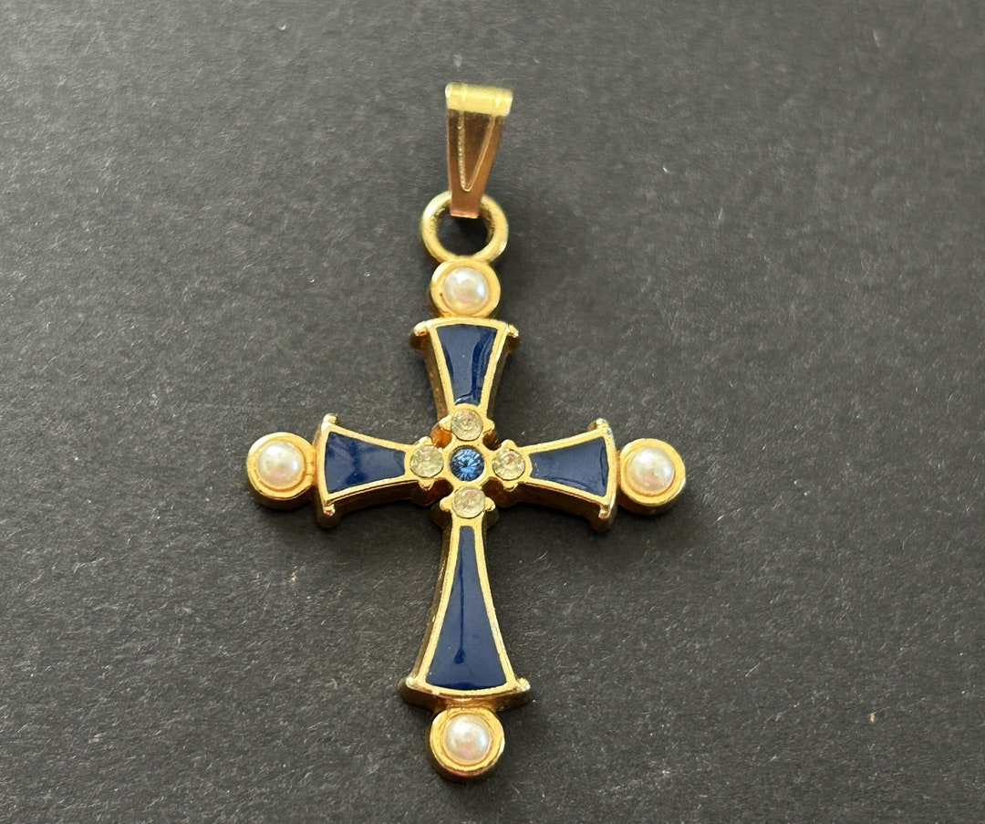 Vintage Blue Enamel Cross Pendant: Faux Pearl & Rhinestone Gold Plate ...
