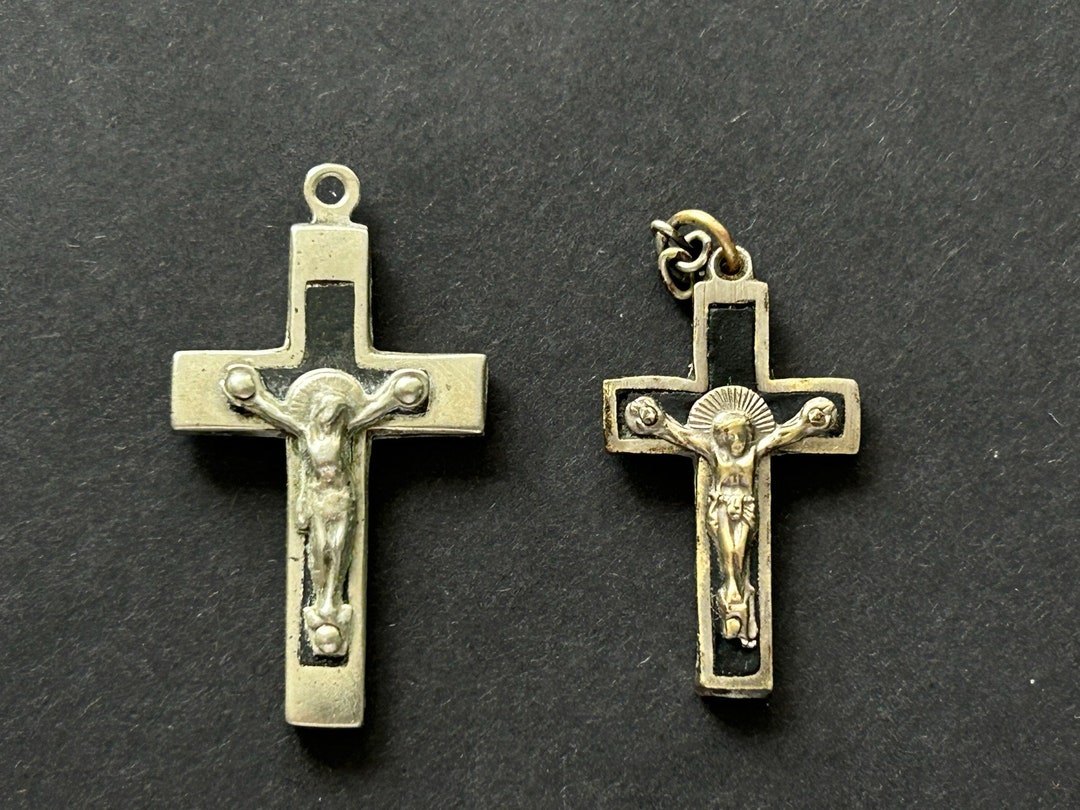 Pair of Small Antique Crosses, Silver Cross Pendants, Ebony Wood Inlay ...