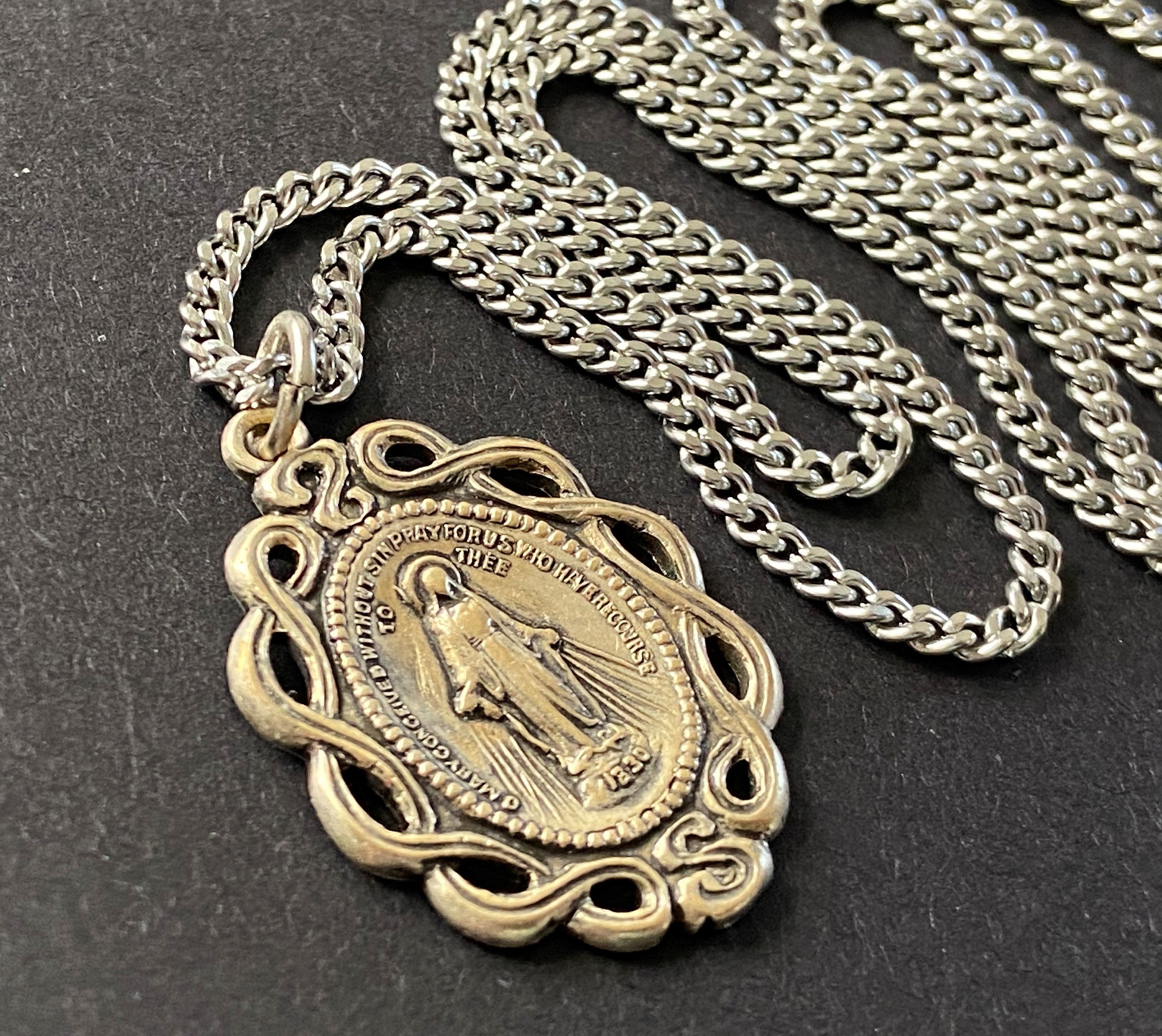 Vintage Brass Miraculous Mary Pendant on a Chain, Blessed Miraculous ...