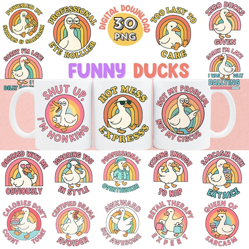 Funny Ducks Clipart: Cartoon PNG Bundle for Crafts (digital Download ...