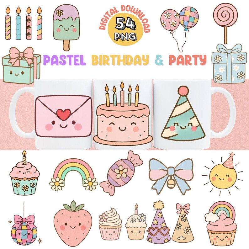 Pastel Birthday Party Clipart Bundle: Hand-drawn PNG Illustrations ...