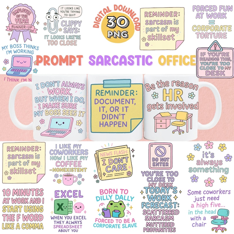 Funny Sarcastic Office Clipart PNG Bundle: Work Humor Decor (instant ...