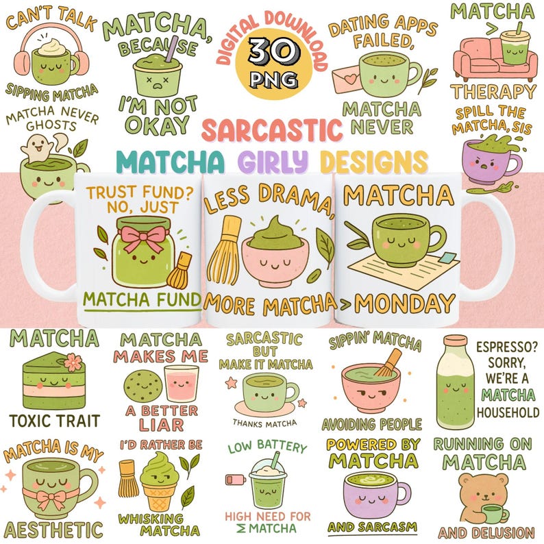 Sarcastic Matcha PNG Clipart Bundle: Funny Green Tea Quotes (digital ...