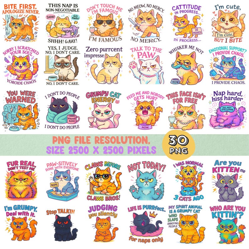 Funny Sarcastic Cats Clipart PNG: Humorous Cat Lover Art (digital ...