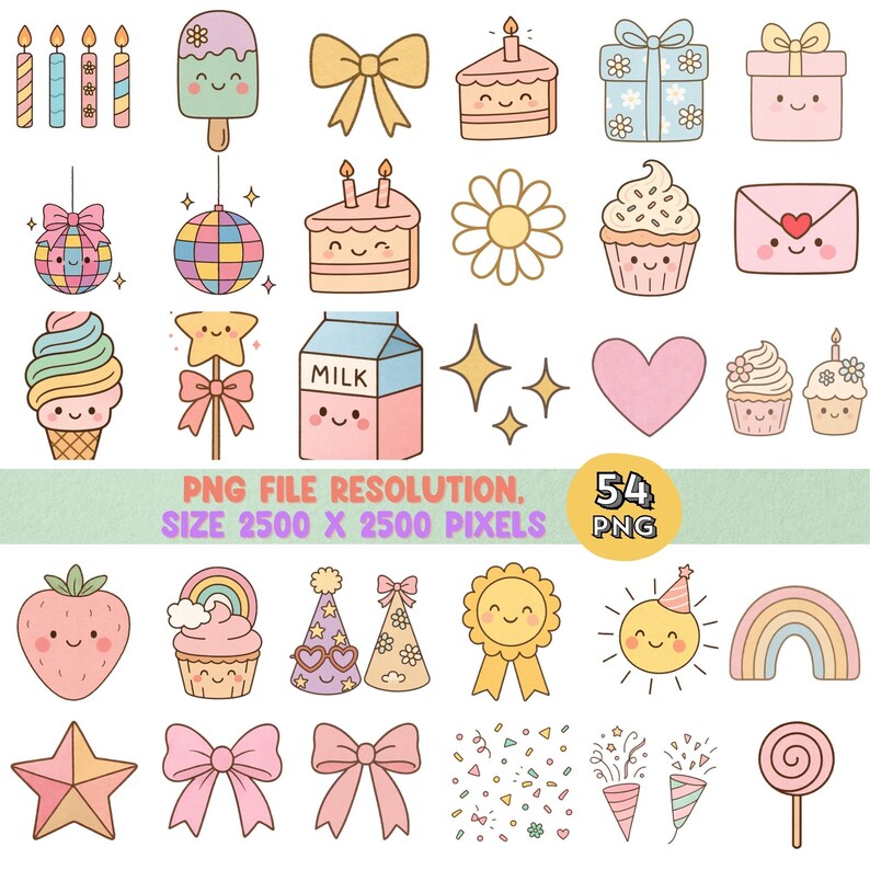 Pastel Birthday Party Clipart Bundle: Hand-drawn PNG Illustrations ...