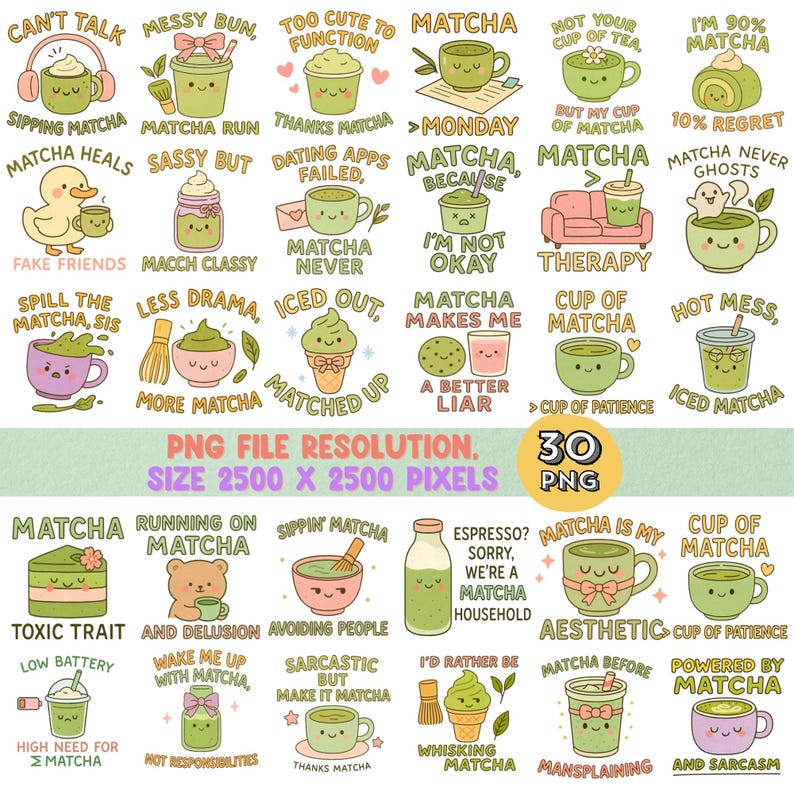 Sarcastic Matcha PNG Clipart Bundle: Funny Green Tea Quotes (digital ...