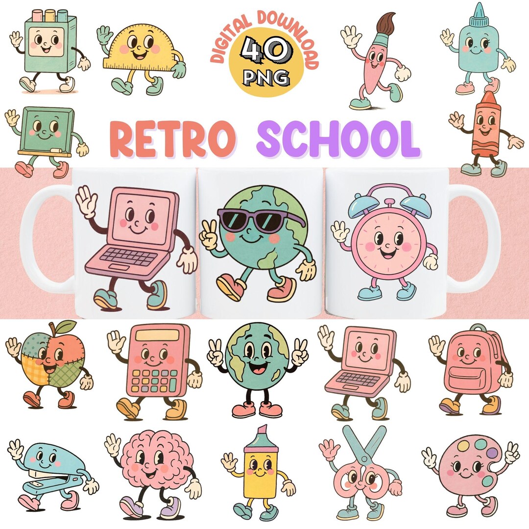 Retro School Clipart PNG Bundle: Vintage Classroom Graphics (digital ...