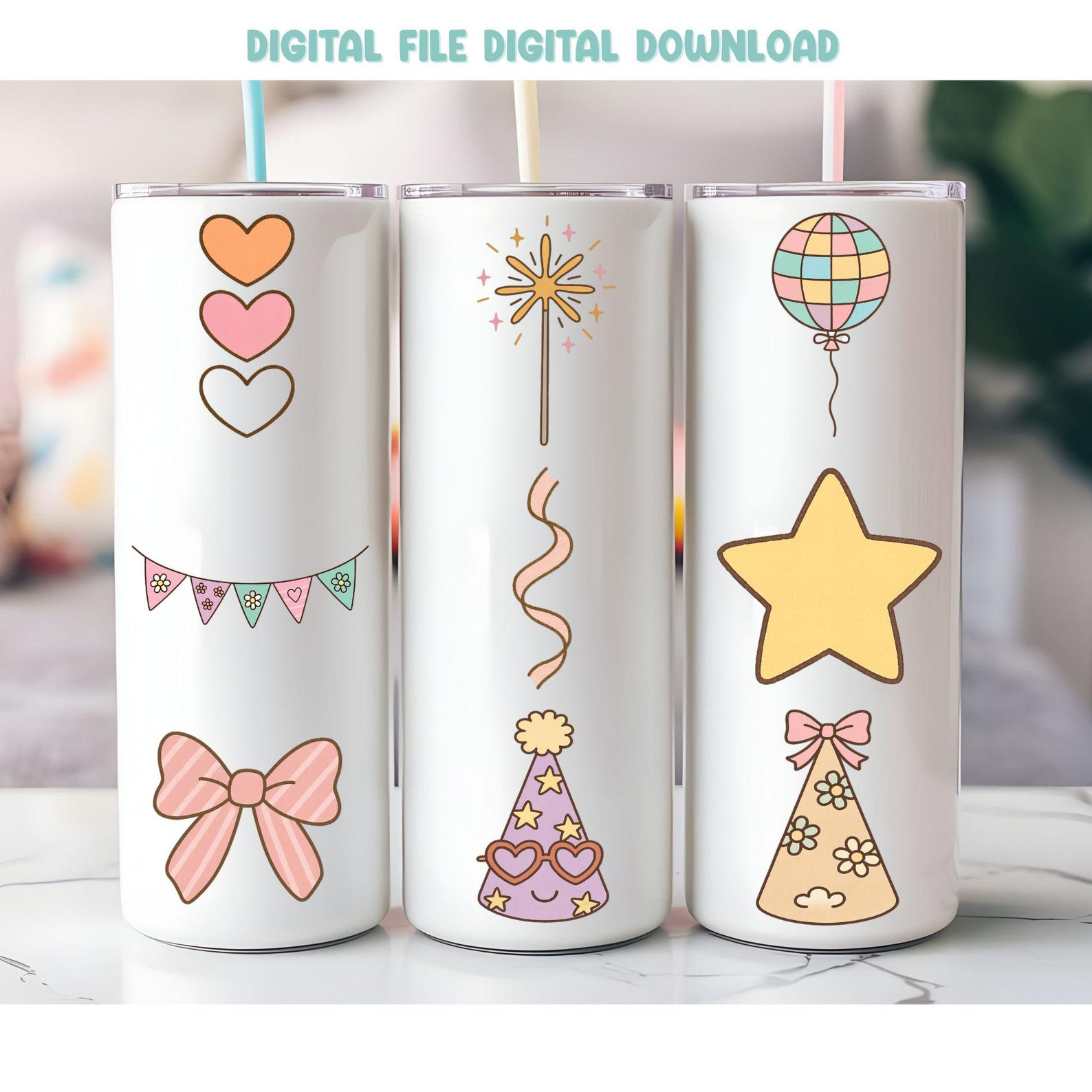 Pastel Birthday Party Clipart Bundle: Hand-drawn PNG Illustrations ...